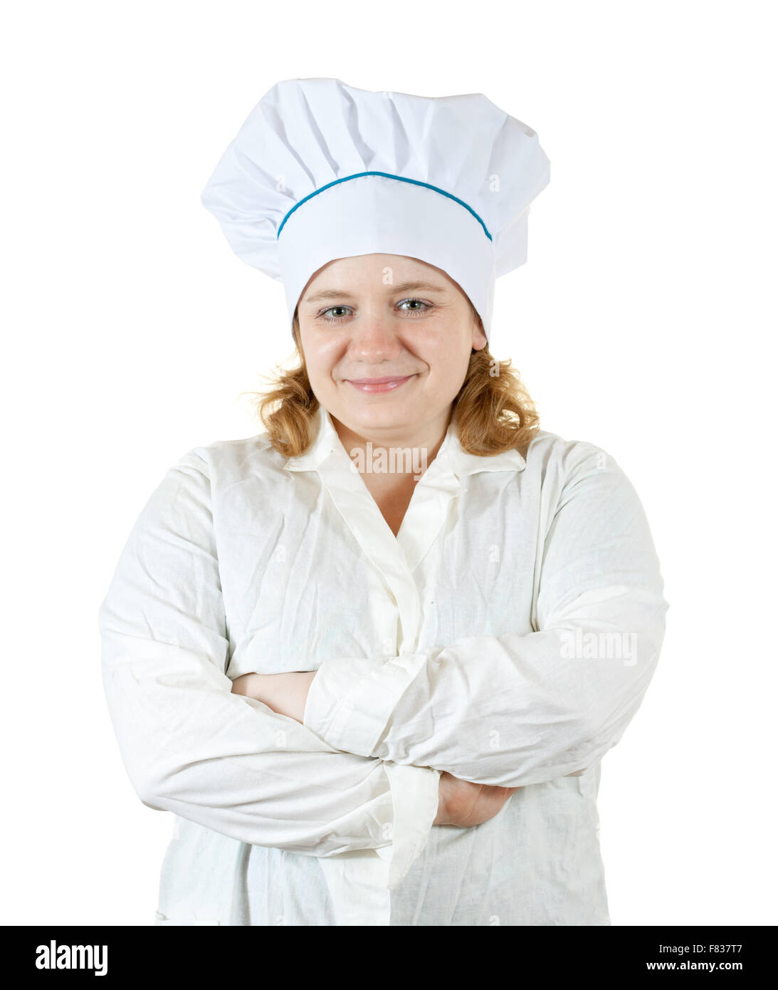Cook woman in toque over white background Stock Photo - Alamy