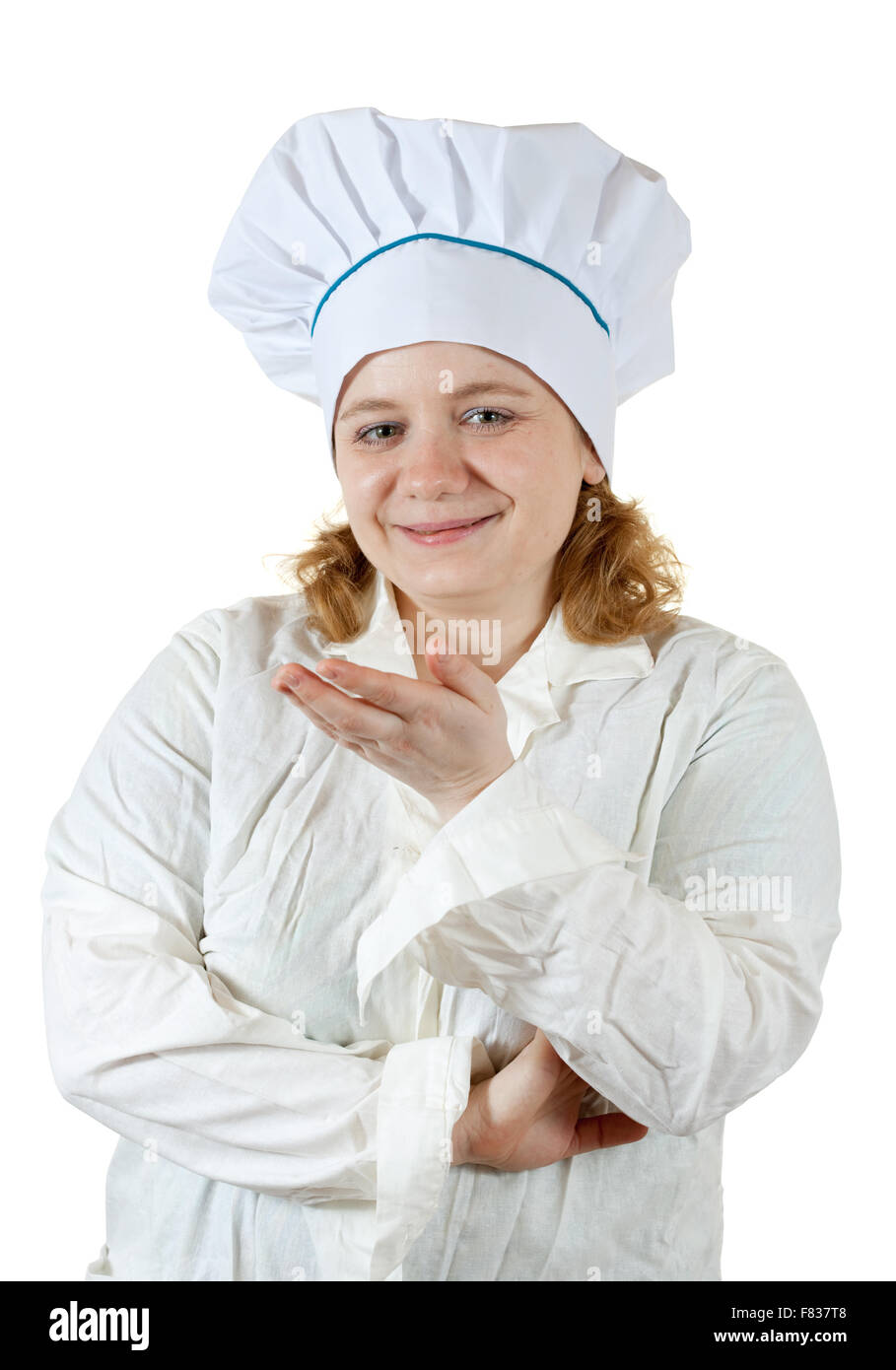 cook woman in toque over white background Stock Photo - Alamy