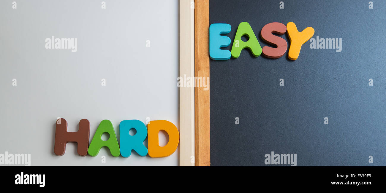 Wooden word HARD and EASY on black board and white board Stock Photo ...