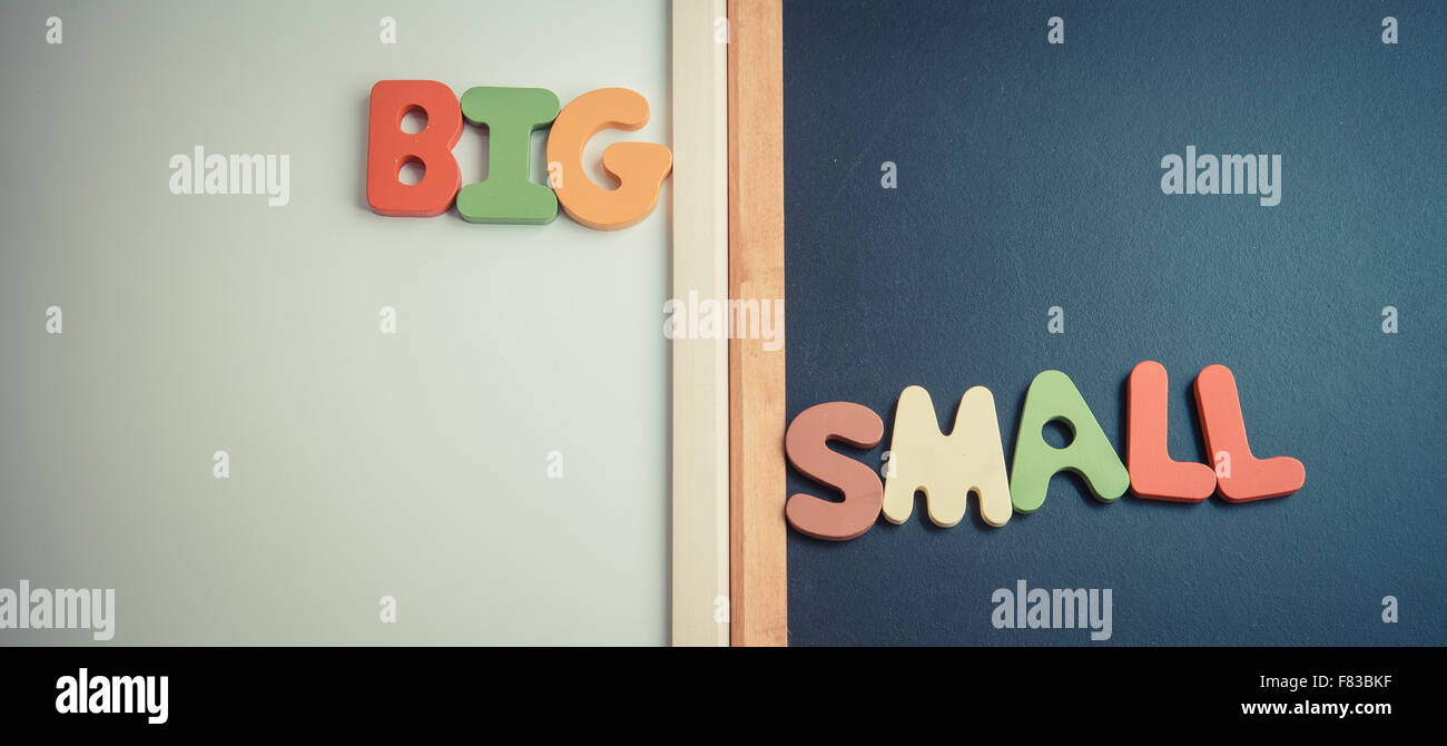 Wooden word BIG and SMALL on black board and white board in vintage ...