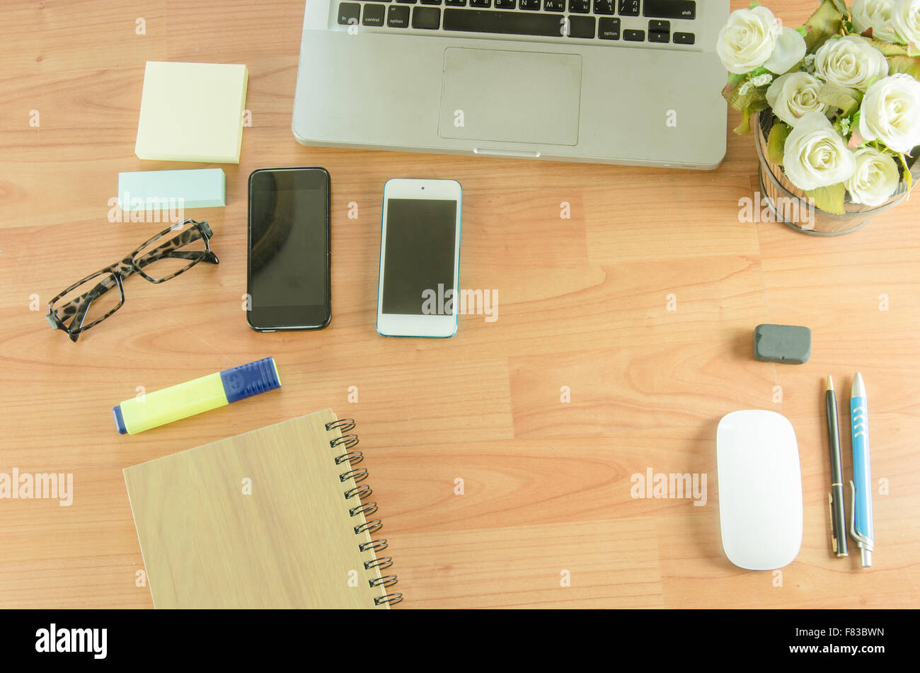 Top view of office desk with computer Stock Photo - Alamy