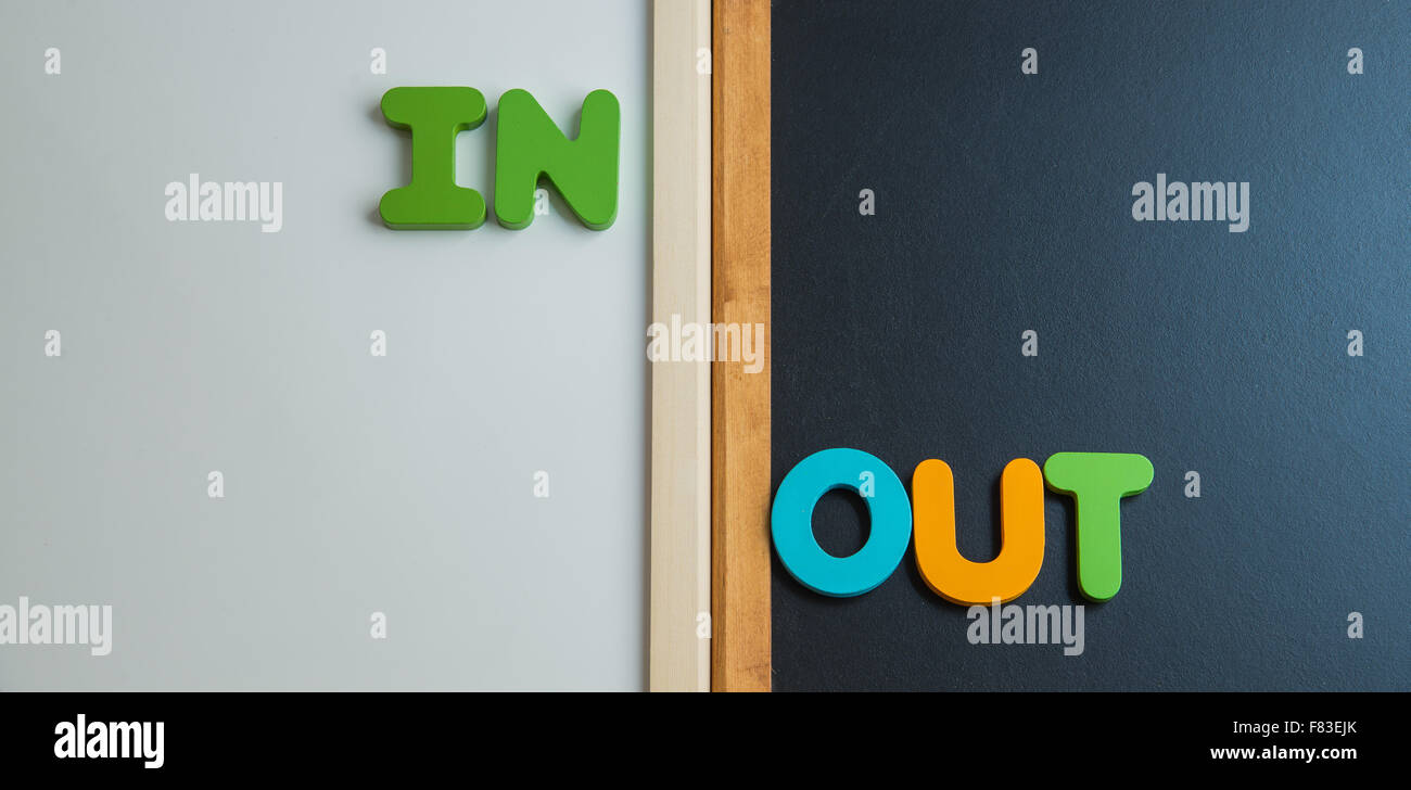 Wooden word IN and OUT on black board and white board Stock Photo - Alamy