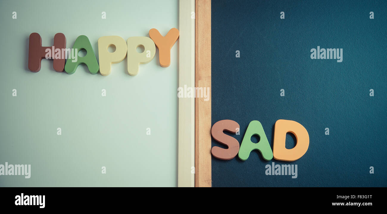 Wooden word HAPPY and SAD on black board and white board in vintage ...