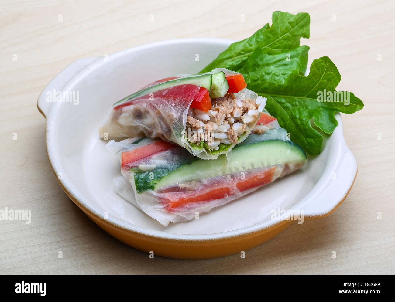 Vietnamese Spring rolls with tuna and salad leaves Stock Photo - Alamy
