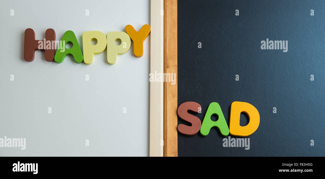 Wooden word HAPPY and SAD on black board and white board Stock Photo ...