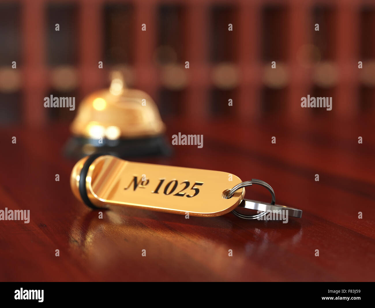 3d rende of hotel room key with golden lable room number on the wooden ...