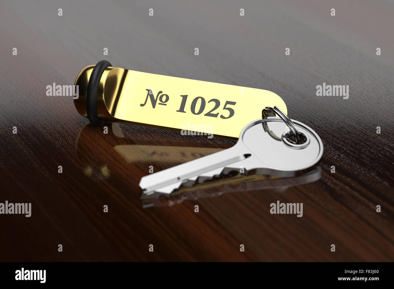 3d rende of hotel room key with golden lable room number on the wooden ...