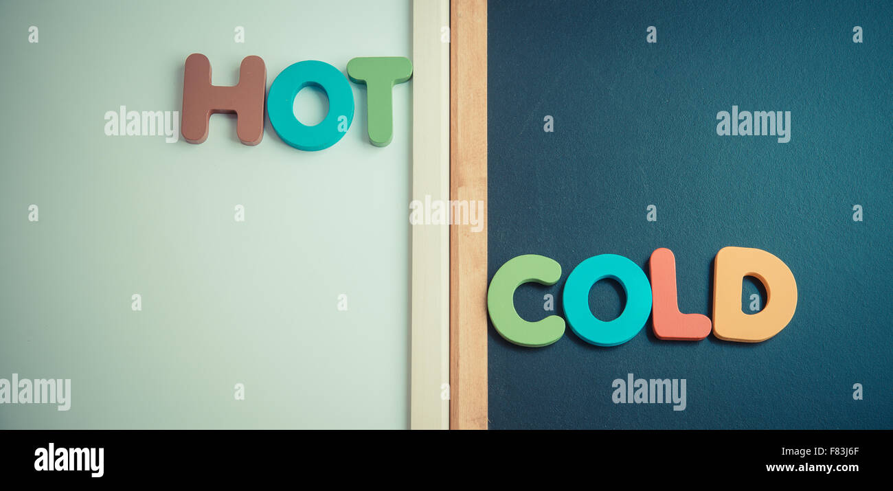 Wooden word HOT and COLD on black board and white board in Vintage ...