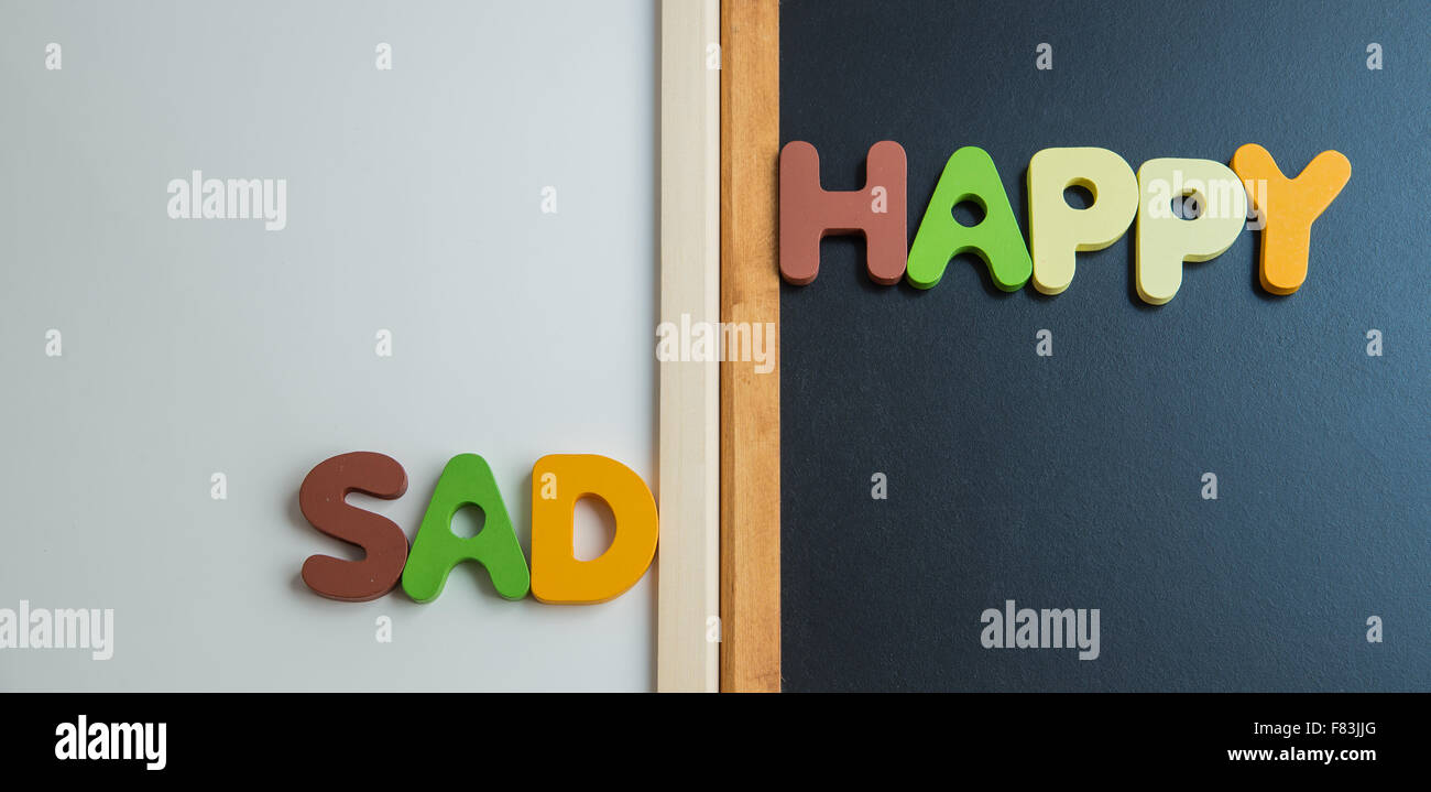 Wooden word SAD and HAPPY on black board and white board Stock Photo ...