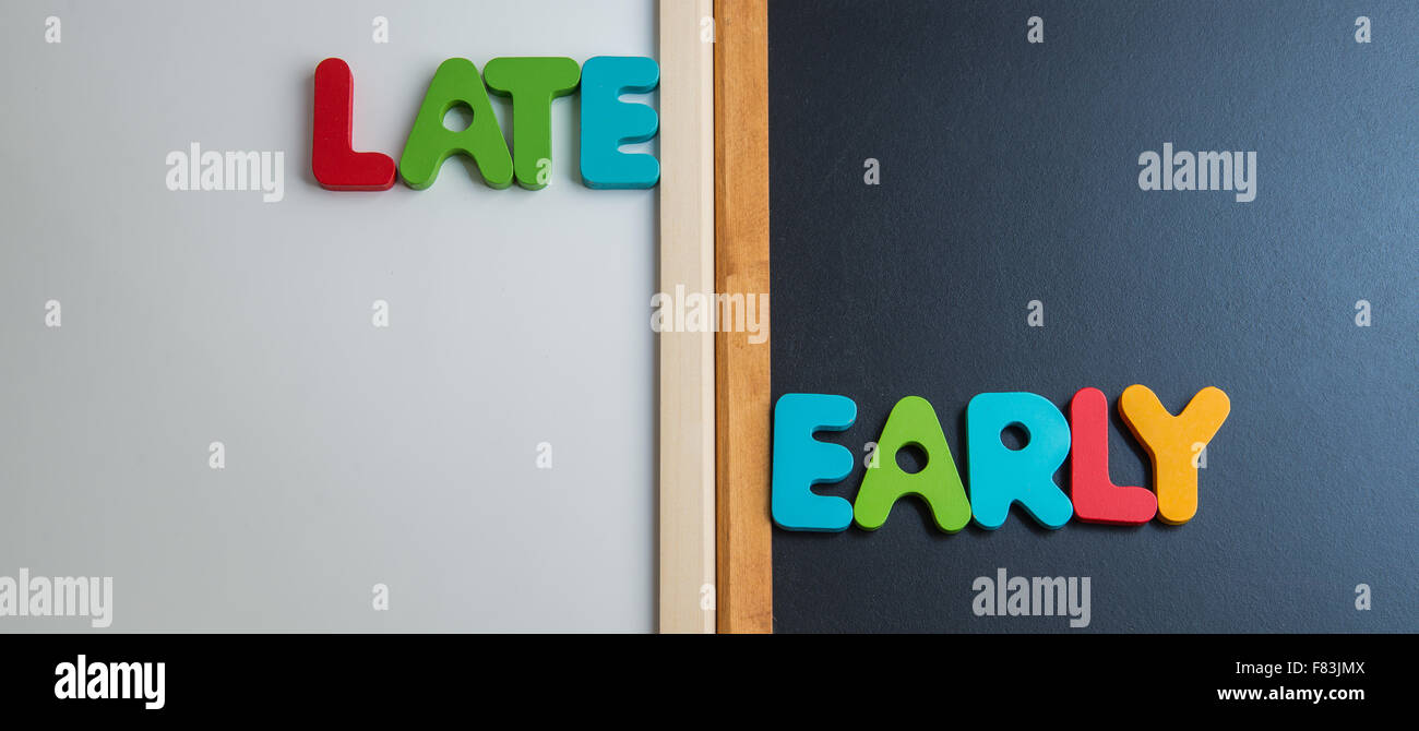 Wooden word LATE and EARLY on black board and white board Stock Photo ...