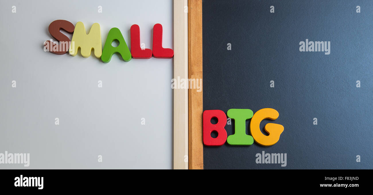 Wooden word SMALL and BIG on black board and white board Stock Photo ...