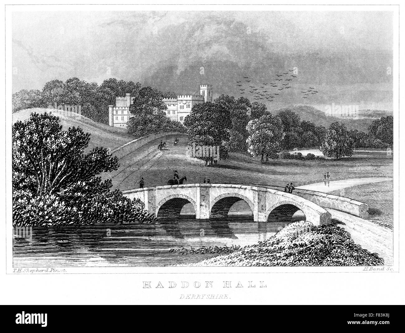 An engraving of Haddon Hall, Derbyshire scanned at high resolution from ...