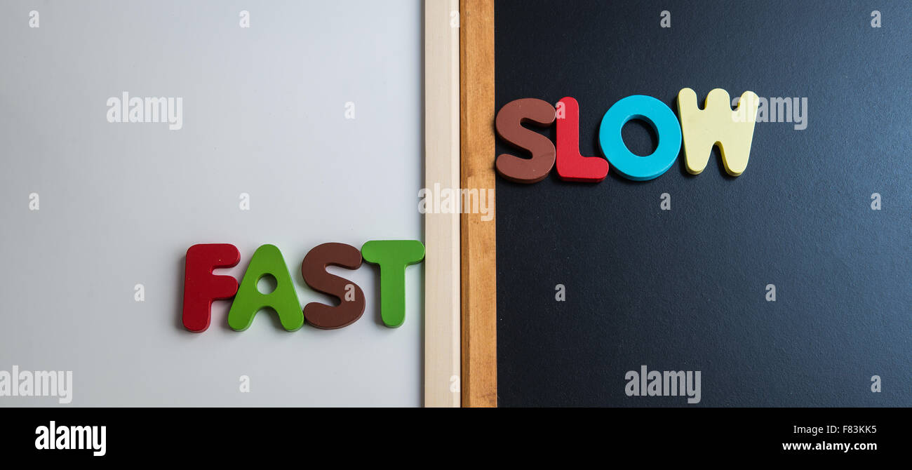 Wooden word FAST and SLOW on black board and white board Stock Photo ...