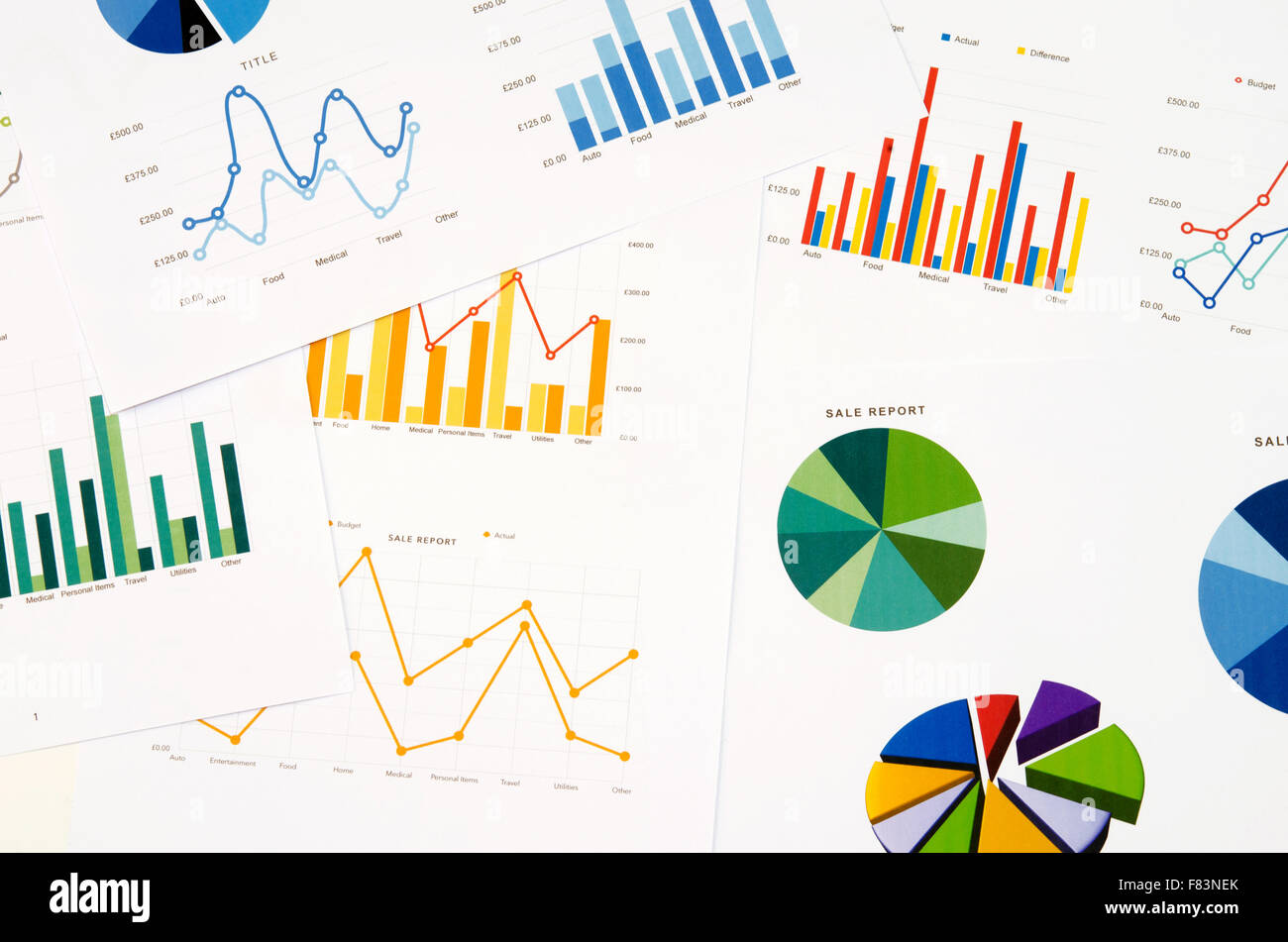 colorful graphs, charts, marketing research and business annual report ...