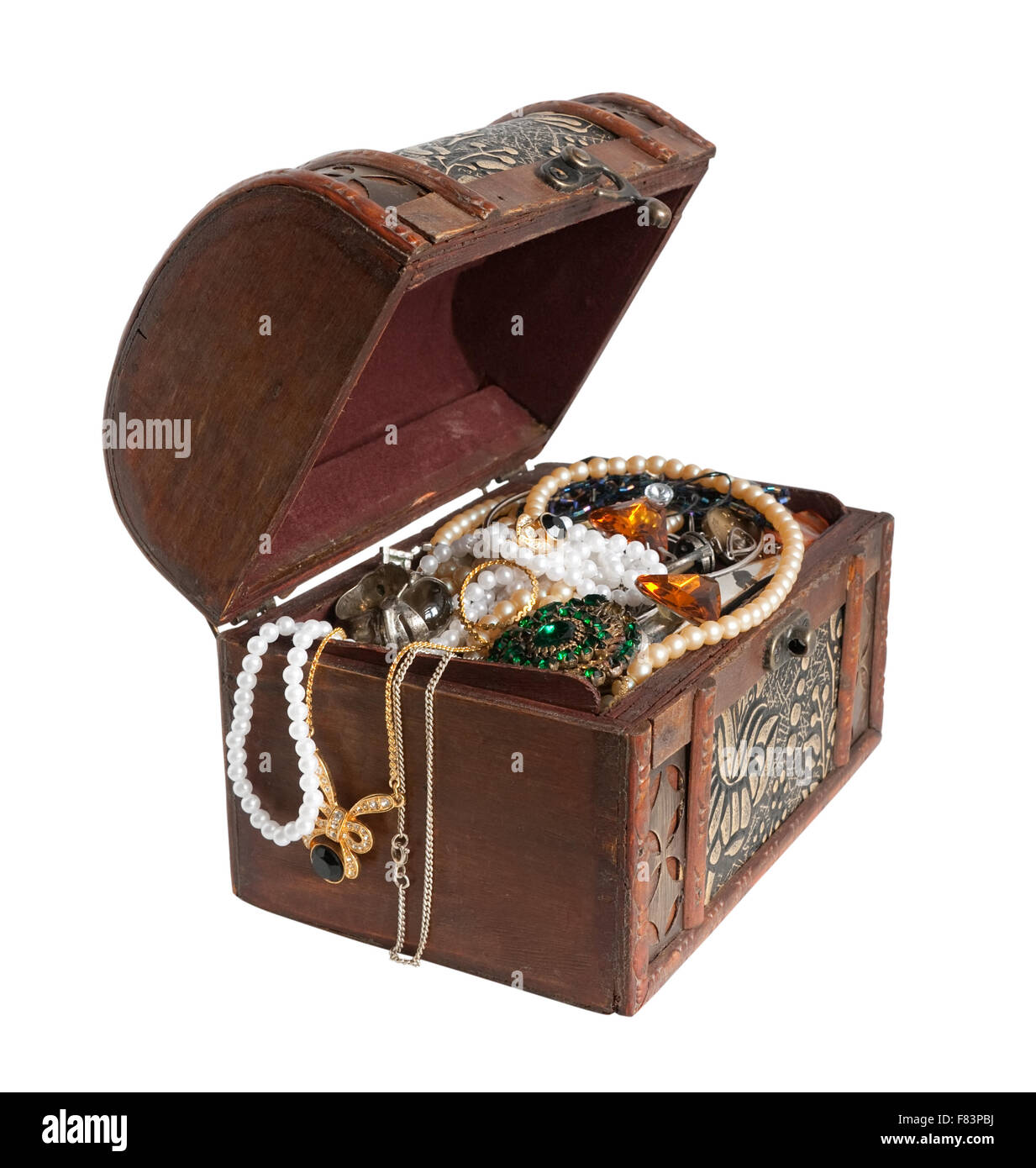 Wooden treasure chest with valuables, isolated with clipping path Stock ...