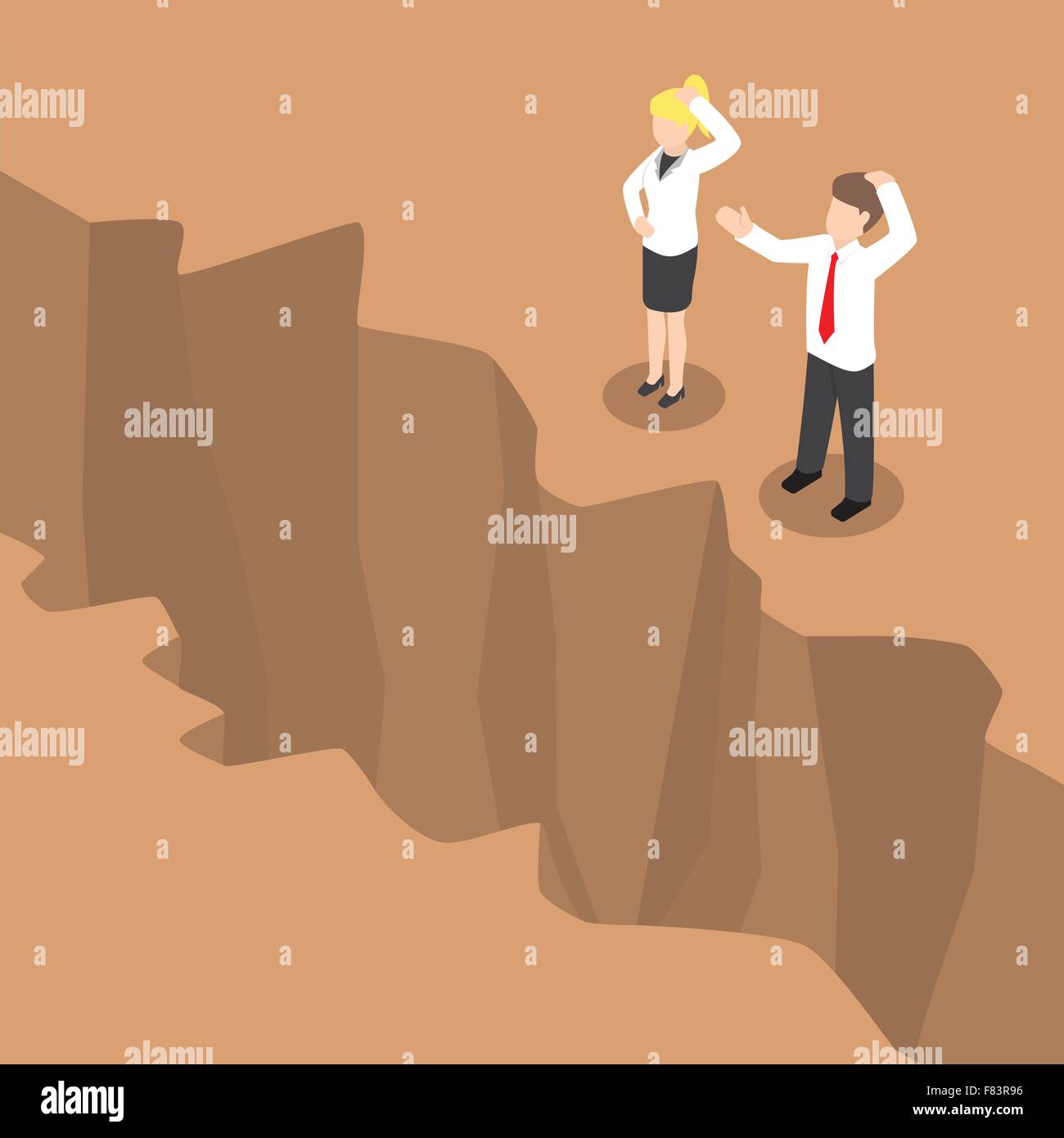 Isometric businessman and businesswoman standing at edge of the cliff ...