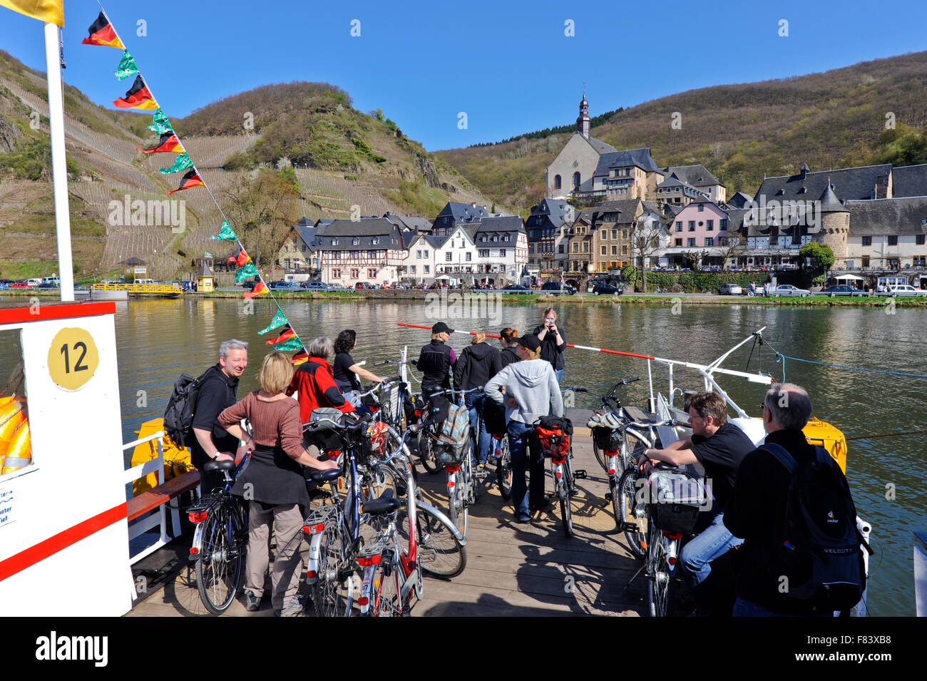 Ferry on river moselle with cyclist to Beilstein Rhineland-Palatinate ...