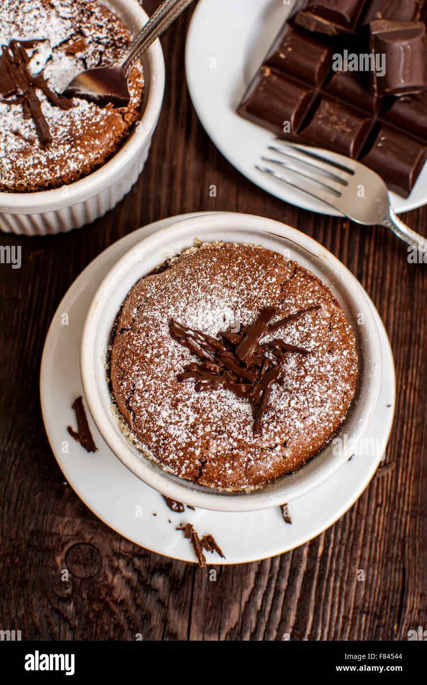 French traditional chocolate souffle in white plate Stock Photo - Alamy