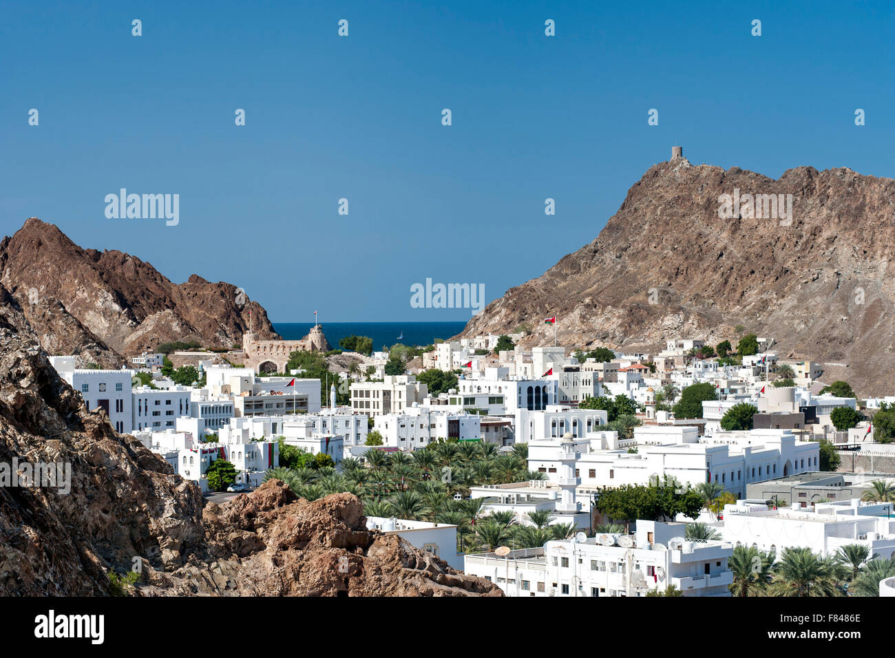 View across Old Muscat, part of the capital of the Sultanate of Oman ...