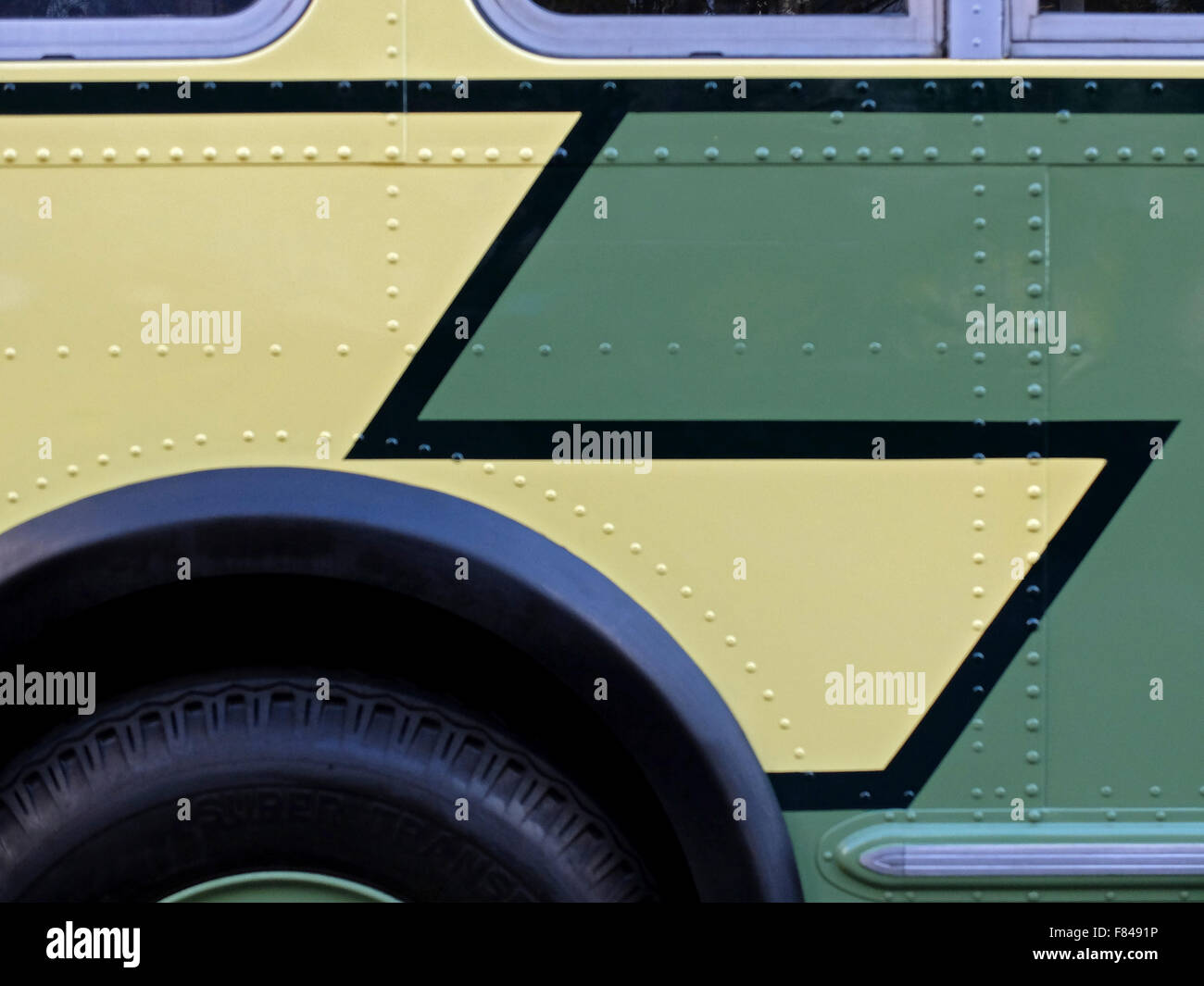 Close up view of the side of a vintage NYC 1956 bus on display during ...