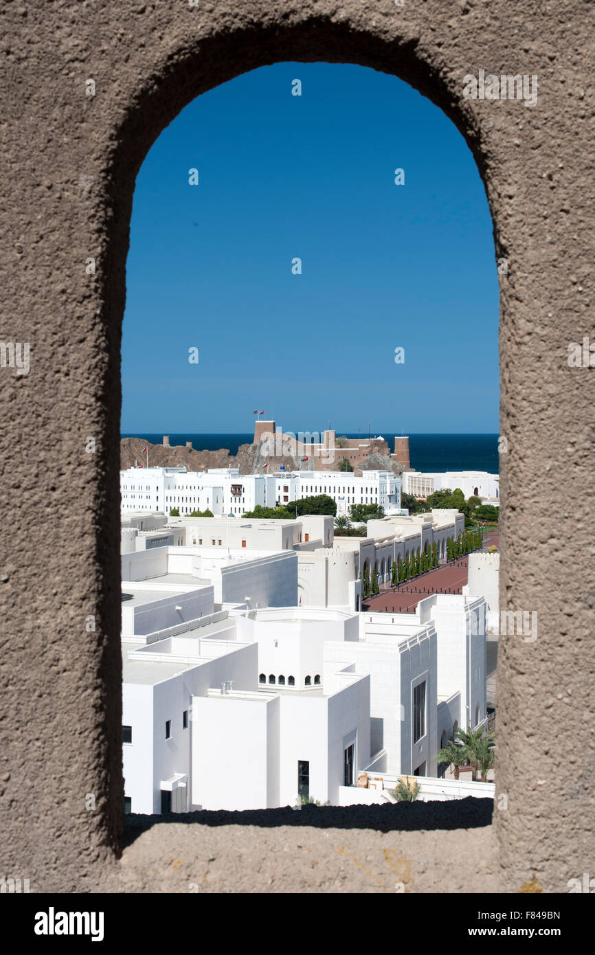 Framed view of Al Mirani fort and buildings in Old Muscat, part of the ...