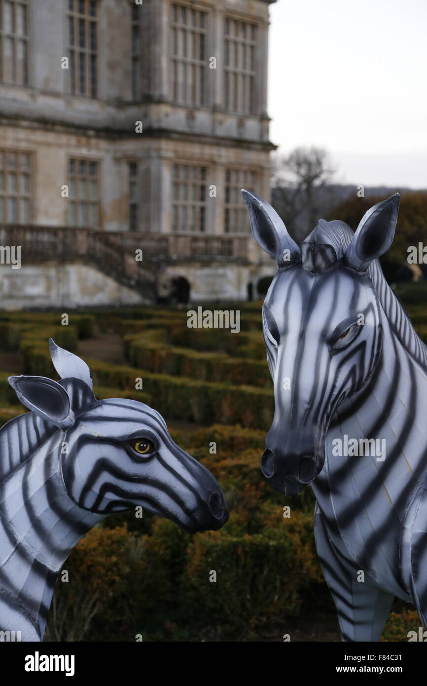 A pair of Longleat Festival of Light wire framed silk zebra animals in ...