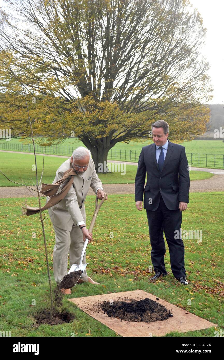 Indian Prime Minister Narendra Modi plants a tree as British Prime ...