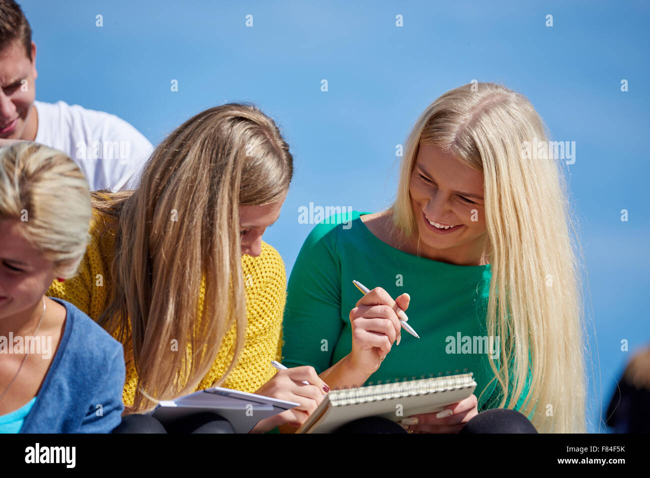 Group portrait of happy students outside in front of school sitting on ...