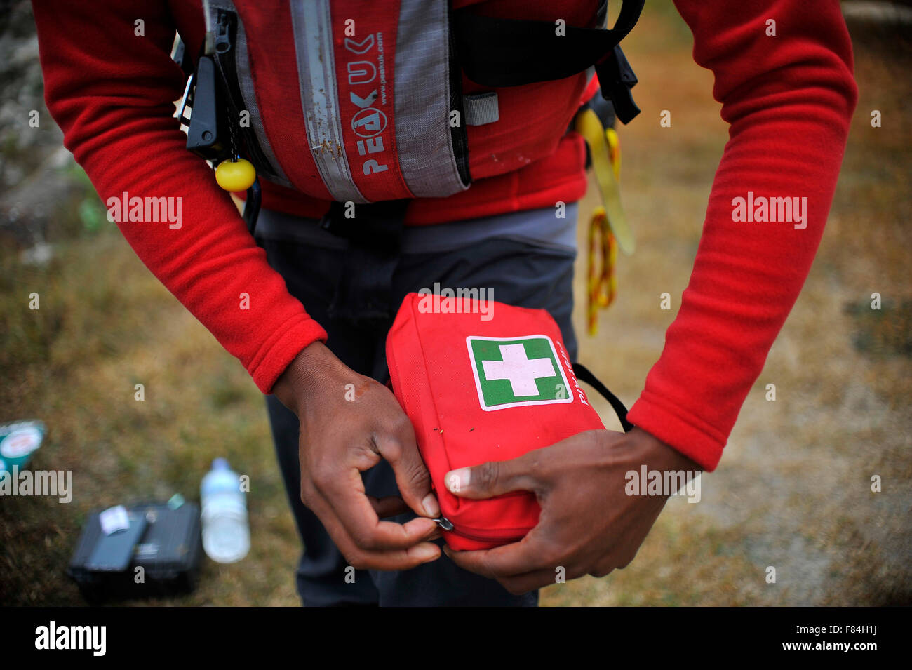 Kathmandu, Nepal. 05th Dec, 2015. A rafting guide arranging medical ...