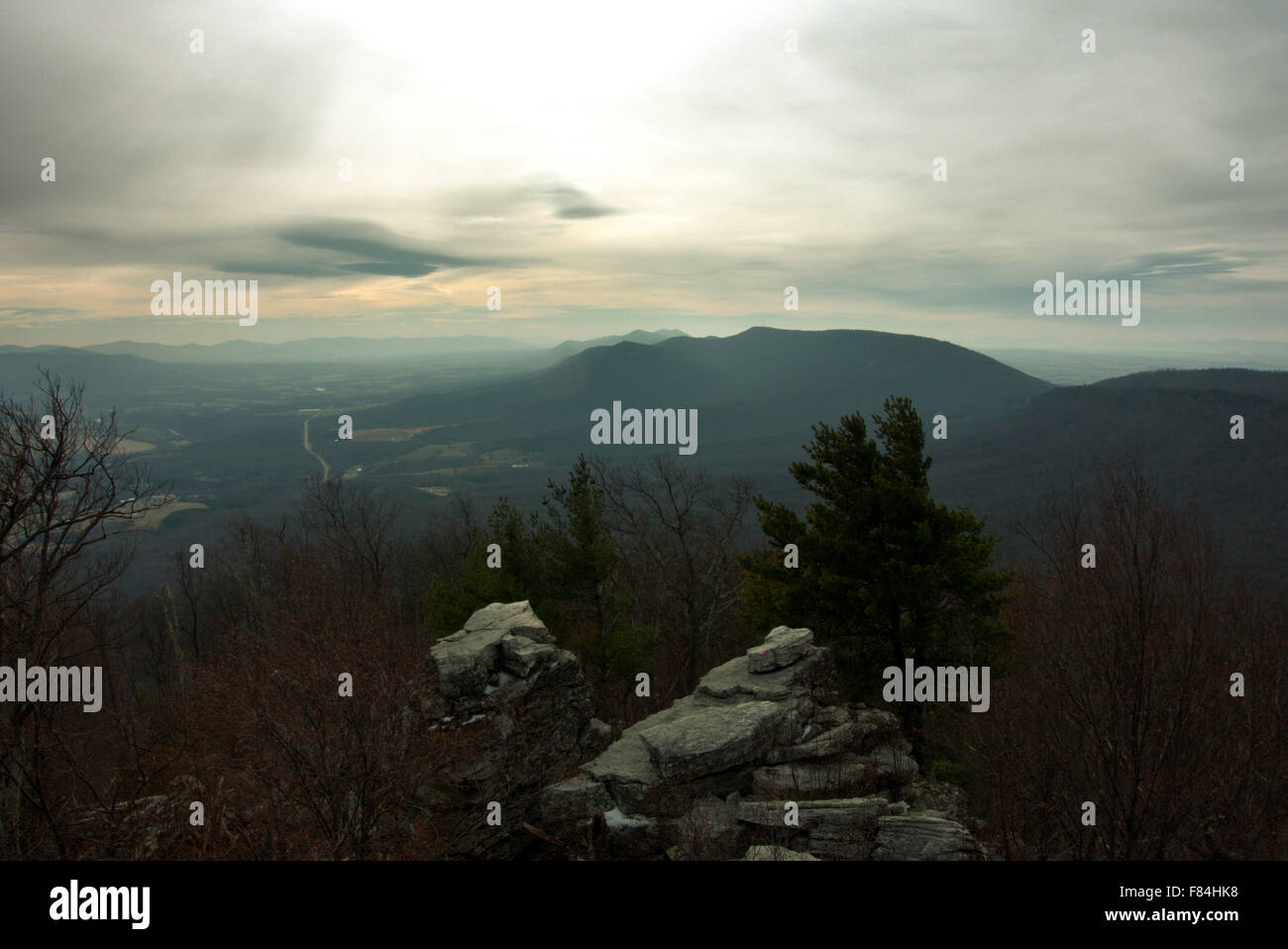 Looking southwest from Strickler Knob in Virginia under a milky sky ...