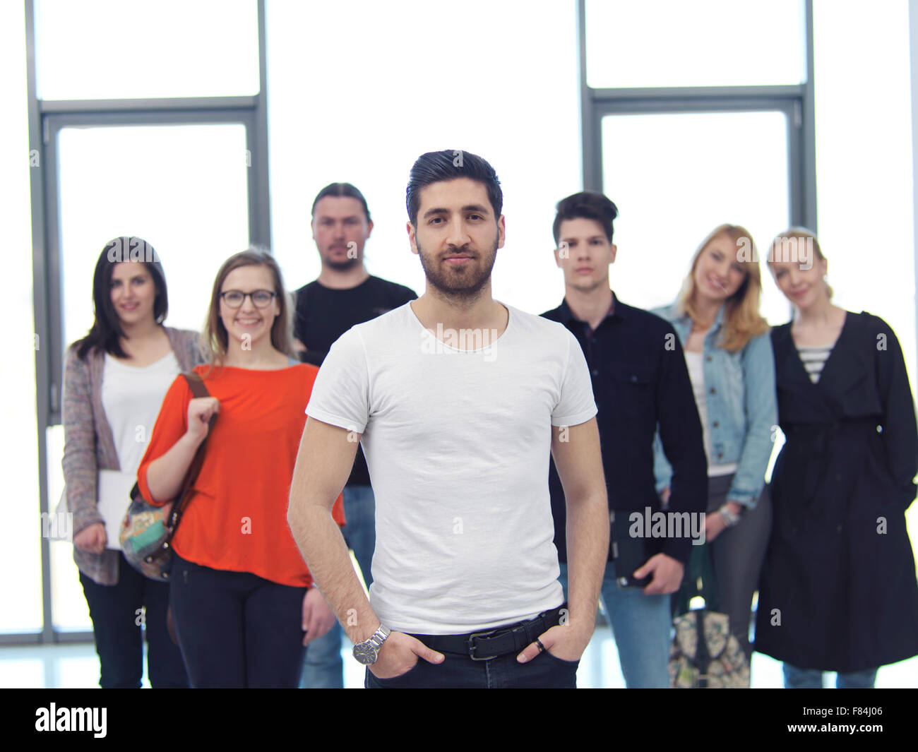 students group standing together as team in modern school university ...