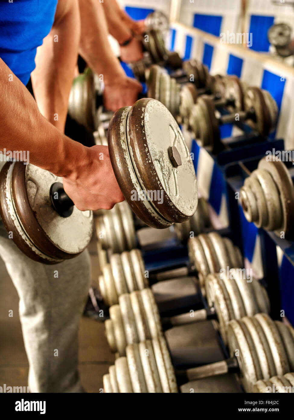 Man working his arms with dumbbells at gym Stock Photo - Alamy