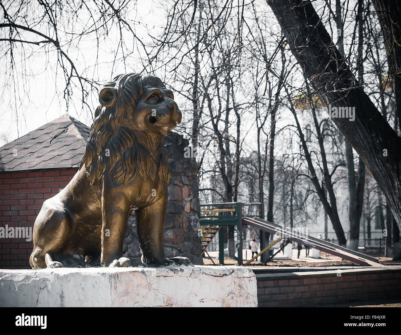 Sculpture of a lion in the city park. Vishny Volochek, Tver region ...