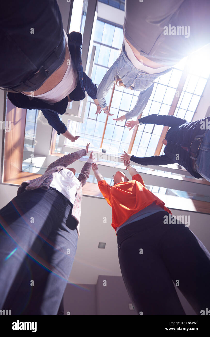 happy students celebrate, friends group together at school, young ...