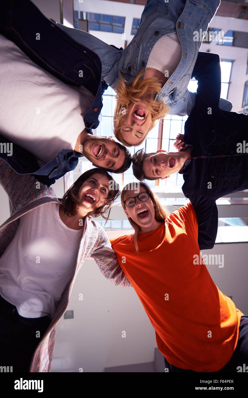 happy students celebrate, friends group together at school, young ...