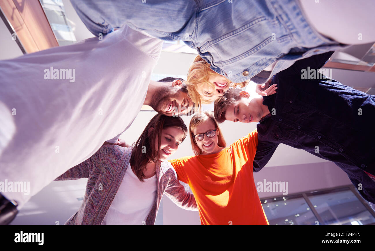 happy students celebrate, friends group together at school, young ...