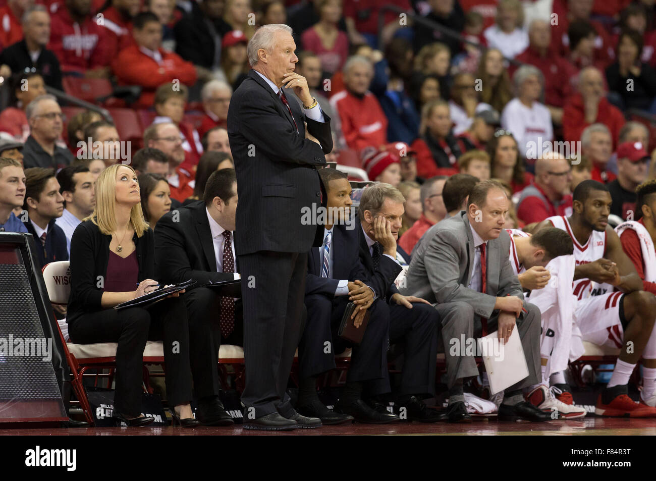 Madison, WI, USA. 5th Dec, 2015. Wisconsin coach Bo Ryan looks on ...