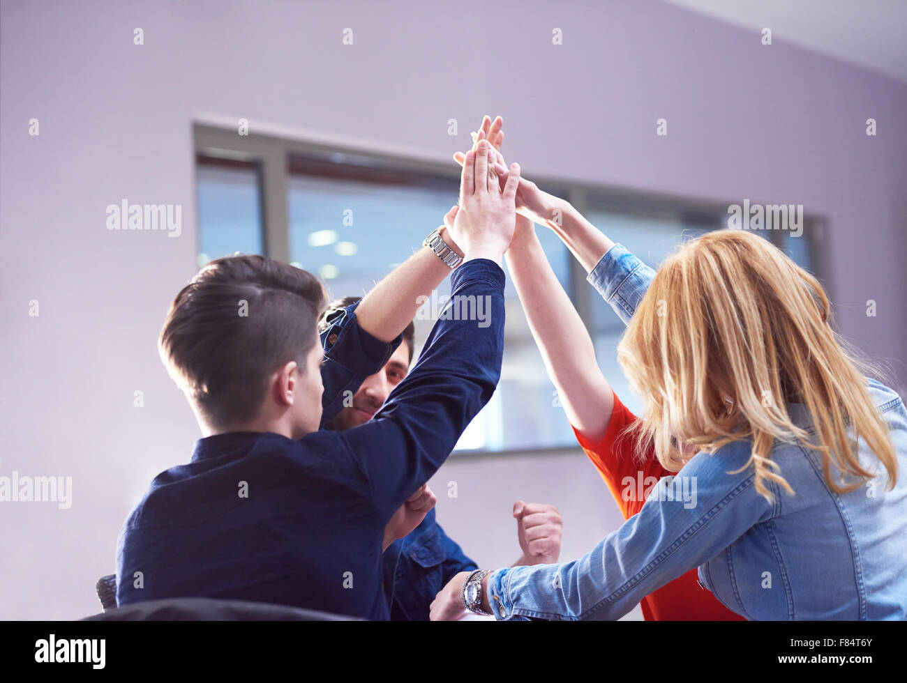 happy students celebrate, friends group together at school, young ...