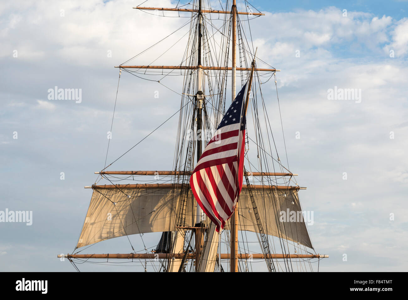 Large sized American Flag with boat mast and rigging. This is ship is ...