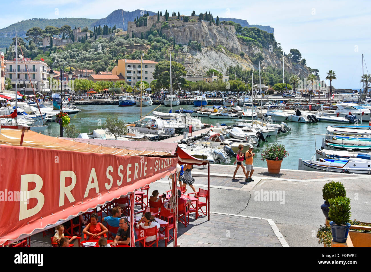 Cassis France Provence Brasserie sign on restaurant canopy harbour ...