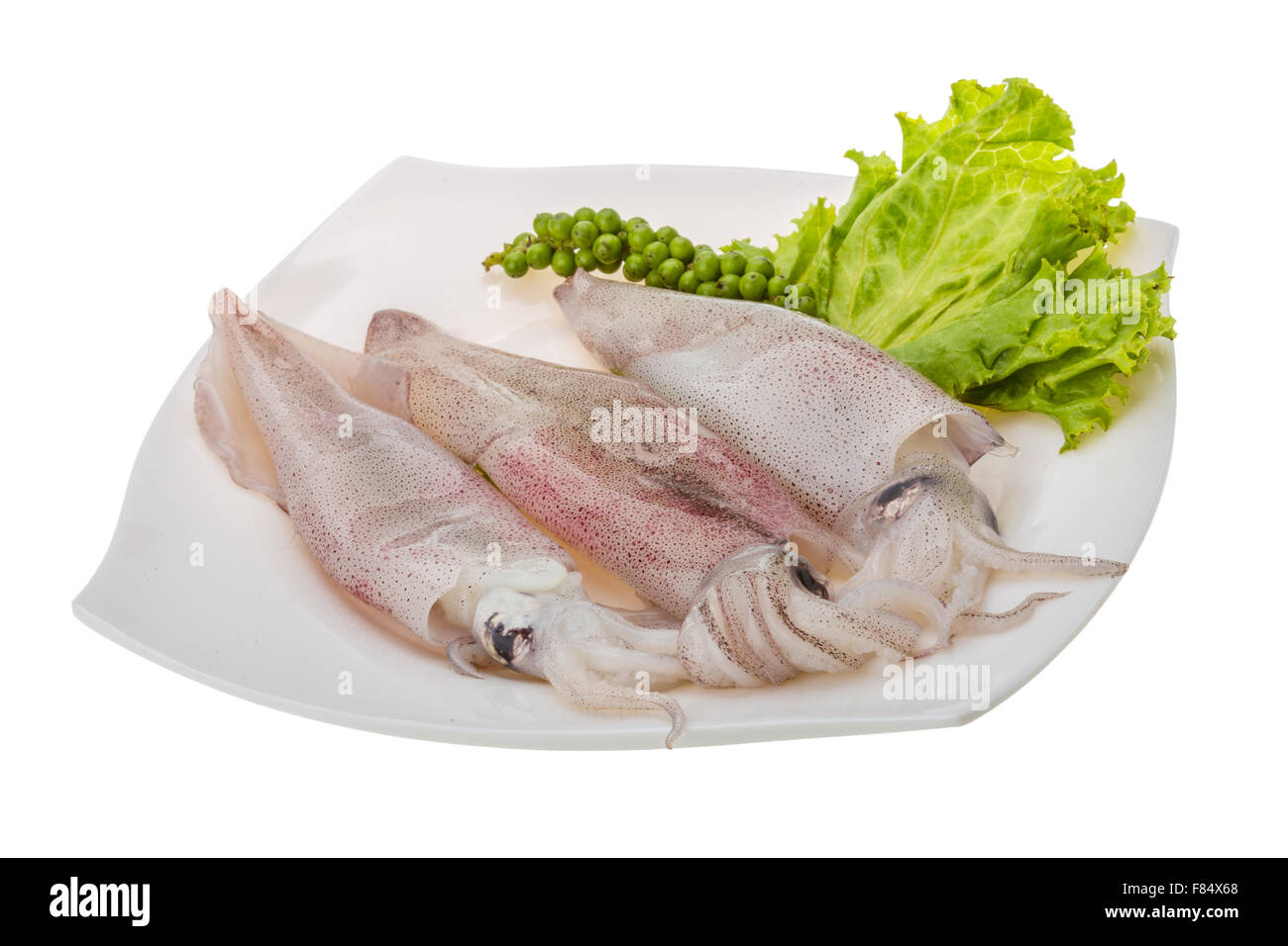 Raw calamari isolated on white background Stock Photo - Alamy