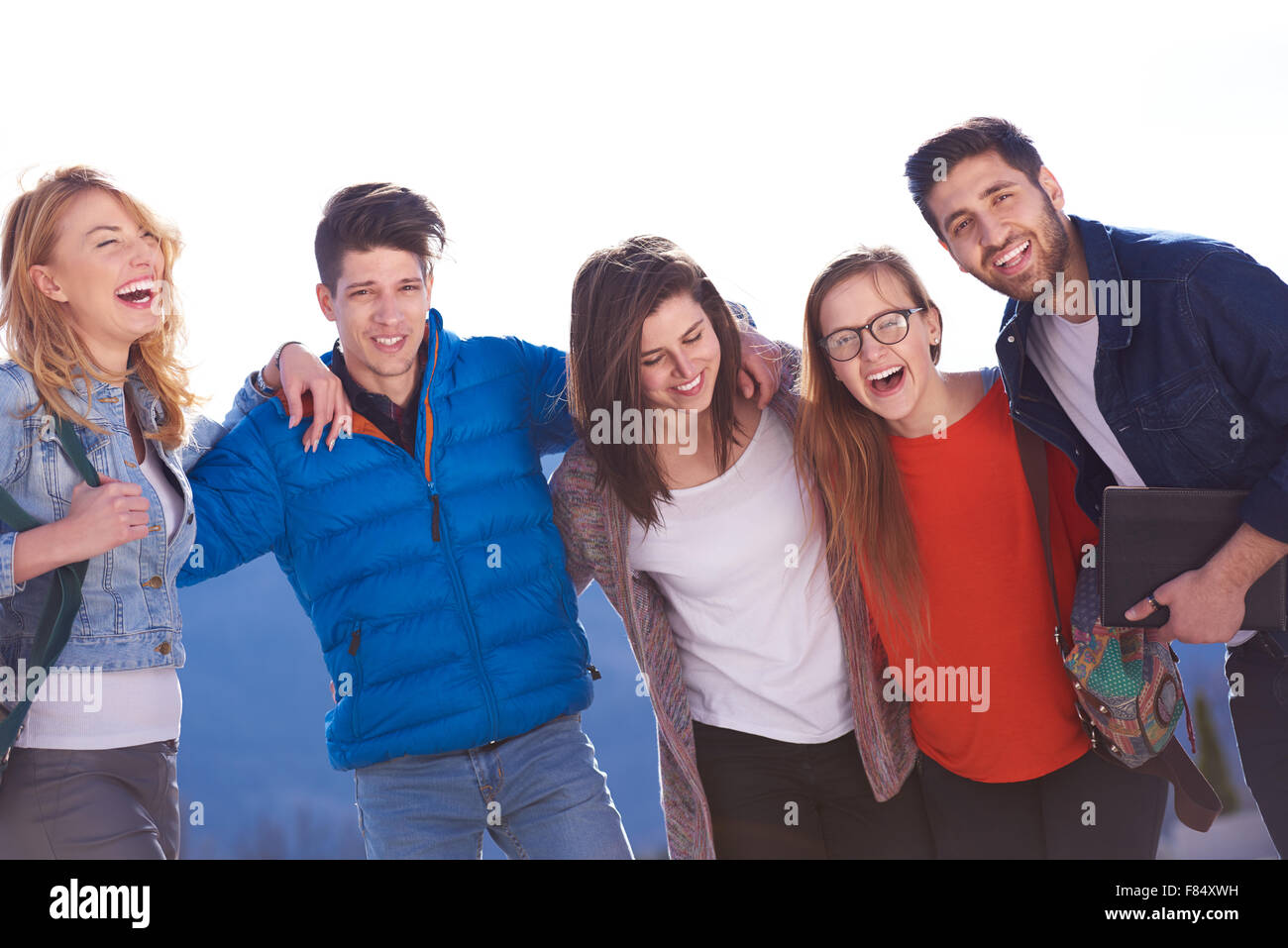 happy students group have fun outdoor in university campus park Stock ...