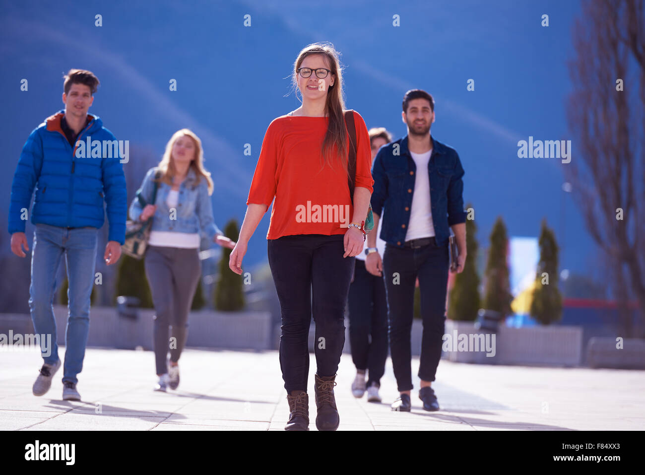 happy students group have fun outdoor in university campus park Stock ...
