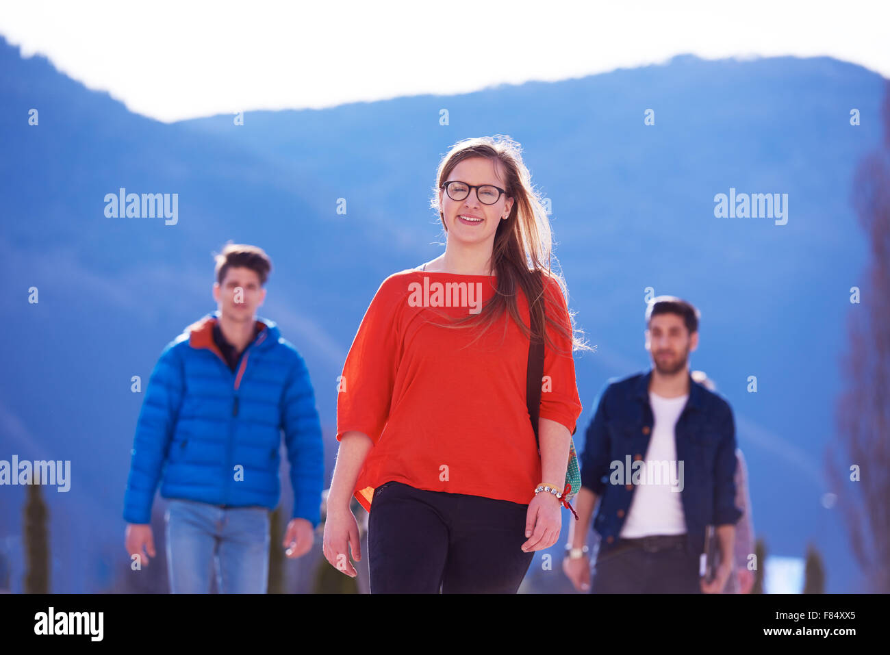 happy students group have fun outdoor in university campus park Stock ...