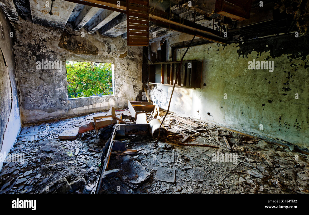 Old abandoned ruin factory damage building inside Stock Photo - Alamy