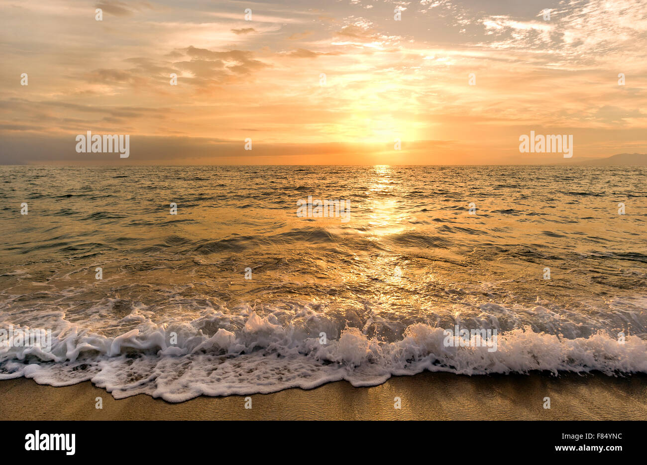 Beach sunset is a golden sunset sky with a wave rolling to shore as the ...