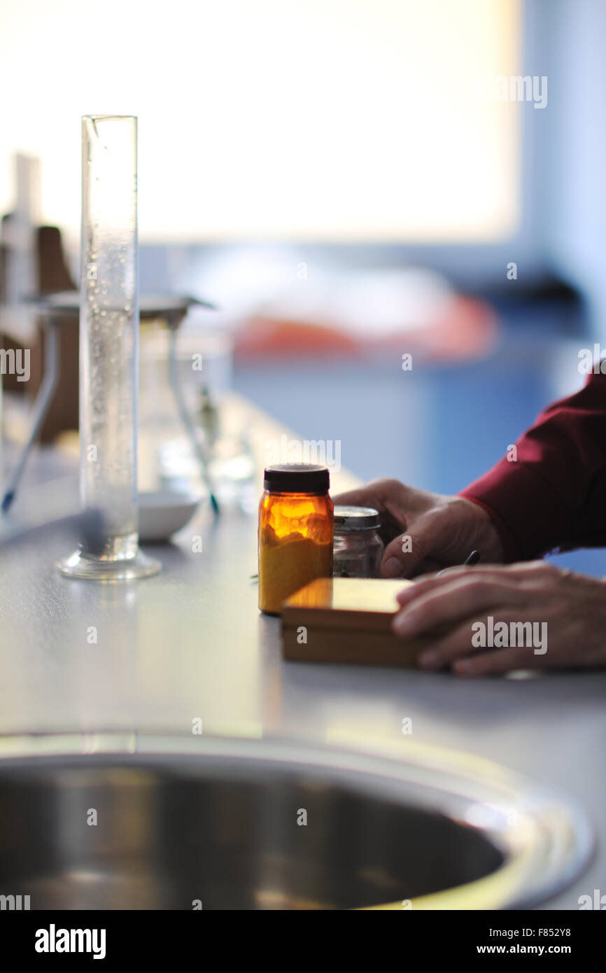 science and chemistry test tubes in school classrom on classes Stock ...