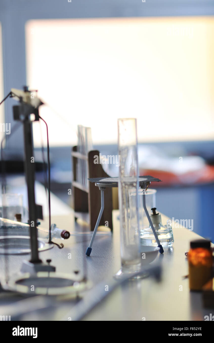 science and chemistry test tubes in school classrom on classes Stock ...