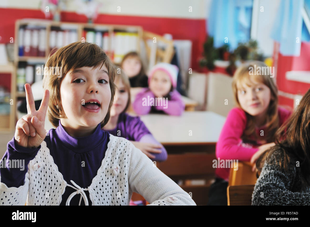 happy childrens group in schoold have fun and learning leassos Stock ...