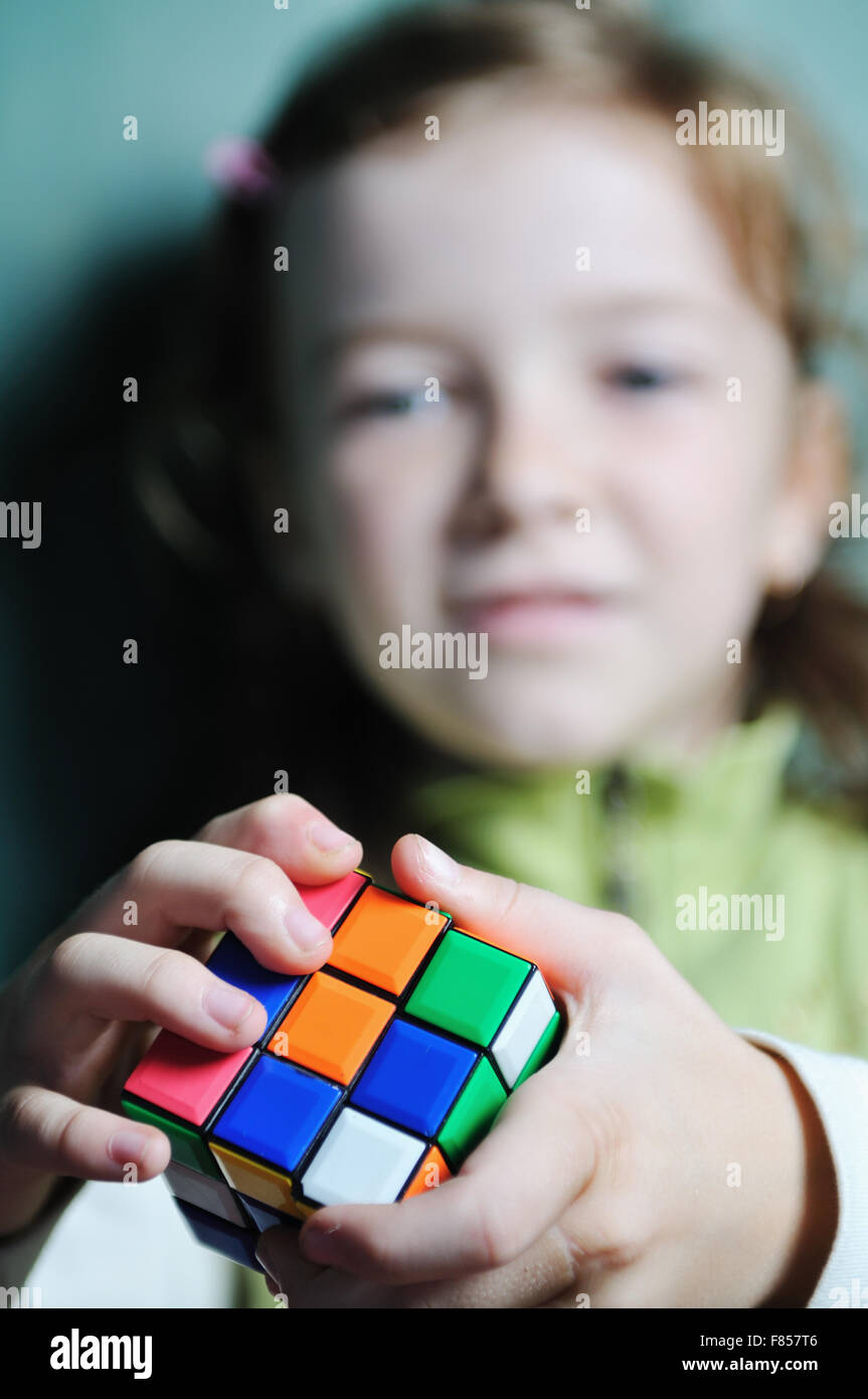 happy school girl on math classes finding solution and solving ...